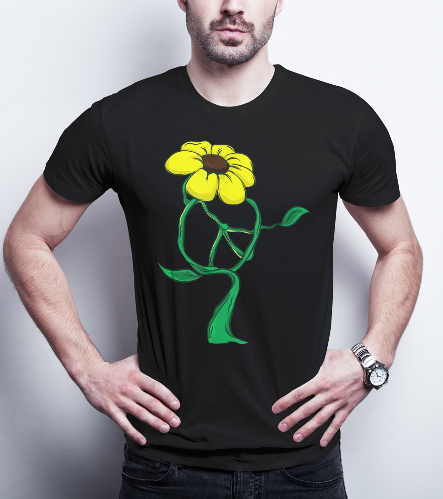 Hippie Yellow Flower Peace Sign Stem Green Leaves T-Shirt