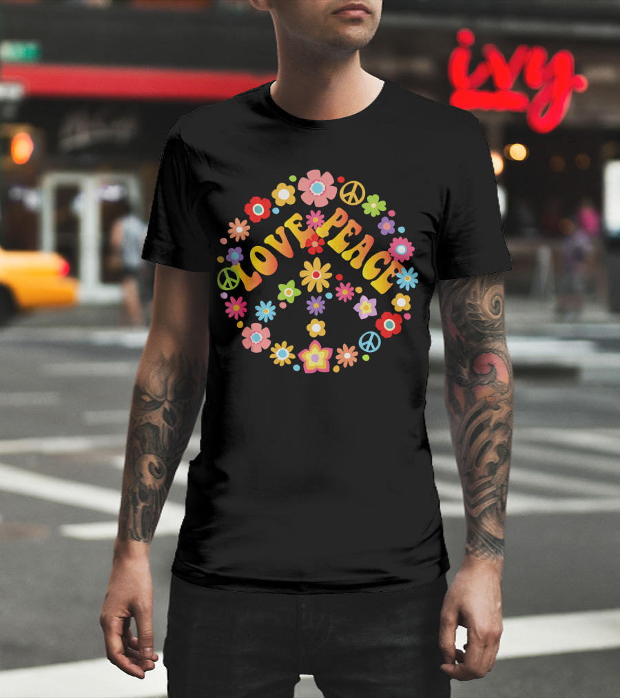 LOVE PEACE 60s 70s Tie Dye Peace Sign Floral T-Shirt