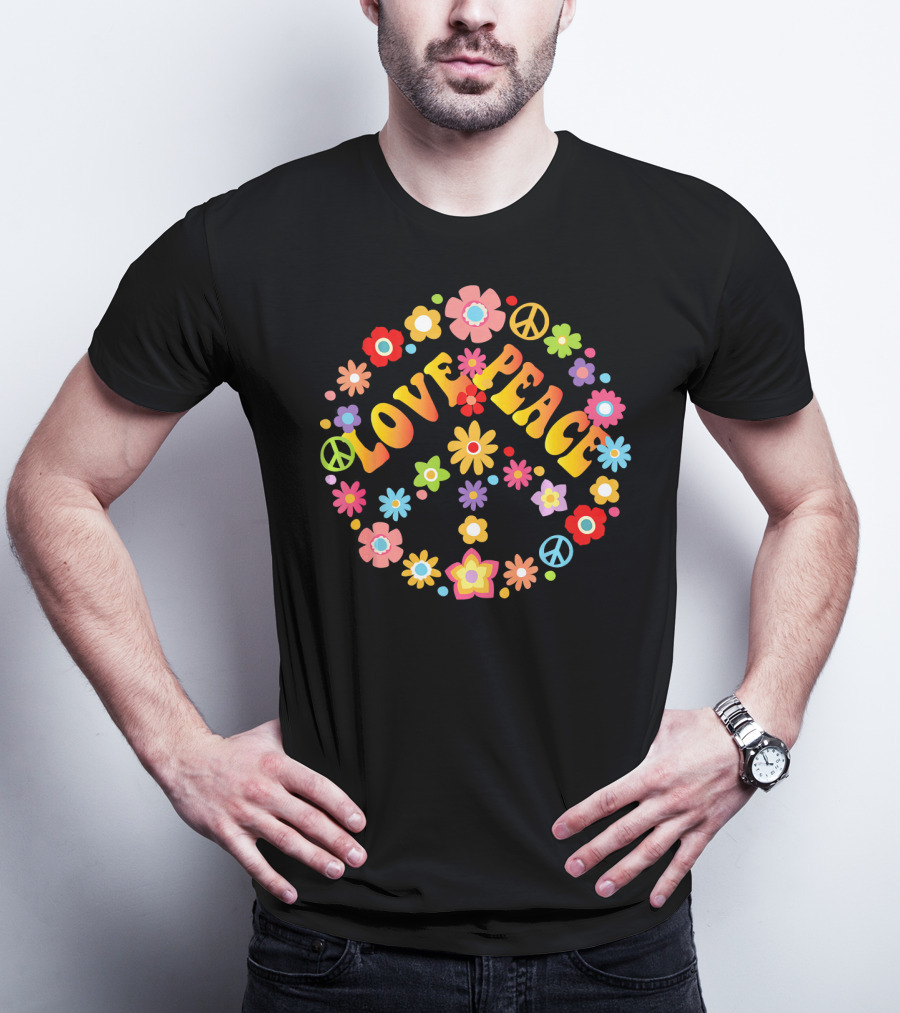 LOVE PEACE 60s 70s Tie Dye Peace Sign Floral T-Shirt