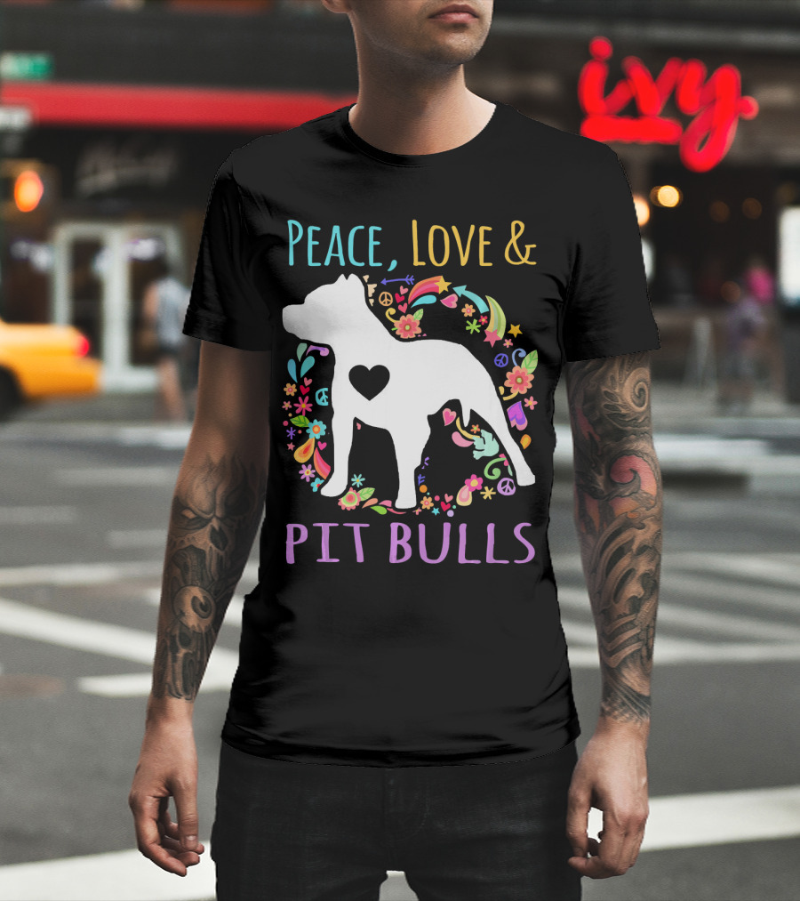 Peace Love And Pit Bulls Colorful Floral Heart Dog T-Shirt