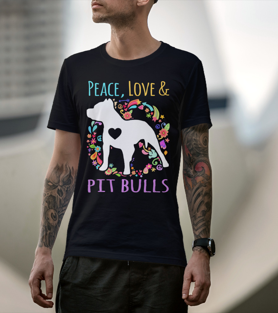 Peace Love And Pit Bulls Colorful Floral Heart Dog T-Shirt