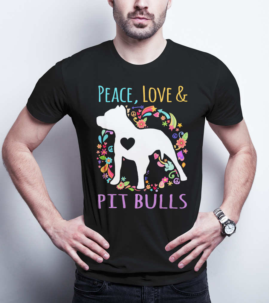 Peace Love And Pit Bulls Colorful Floral Heart Dog T-Shirt