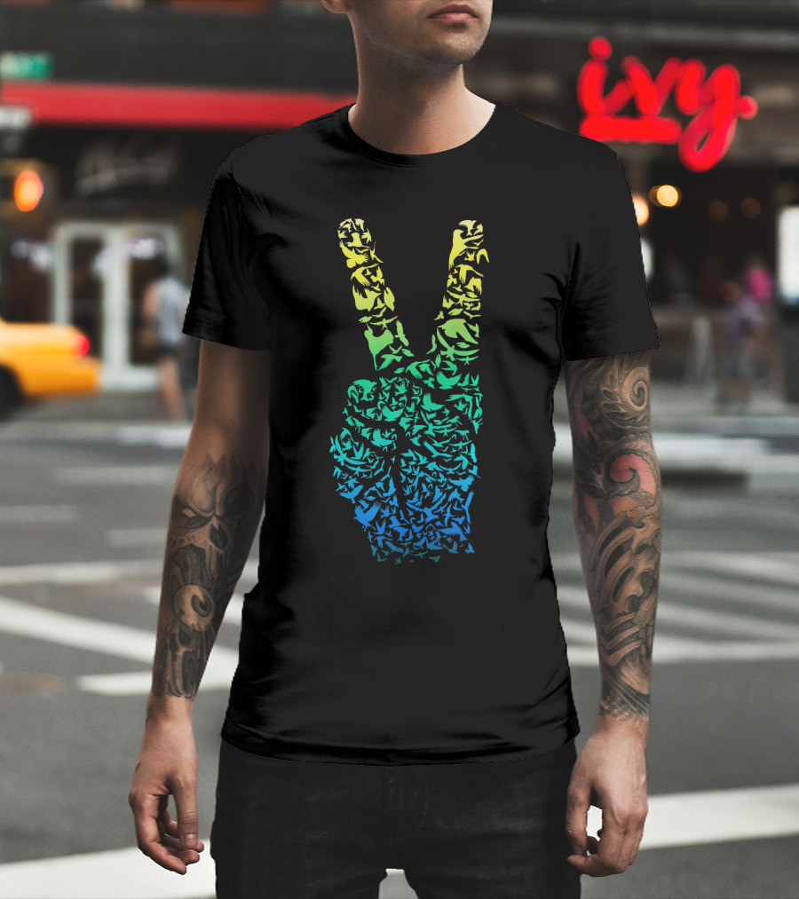 Colorful Birds Peace Hand Sign ASL Finger La T-Shirt