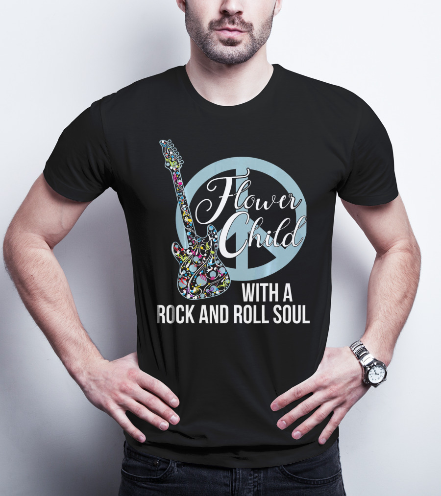 Flower Child With A Rock And Roll Soul Peace Sign Guitar T-Shirt