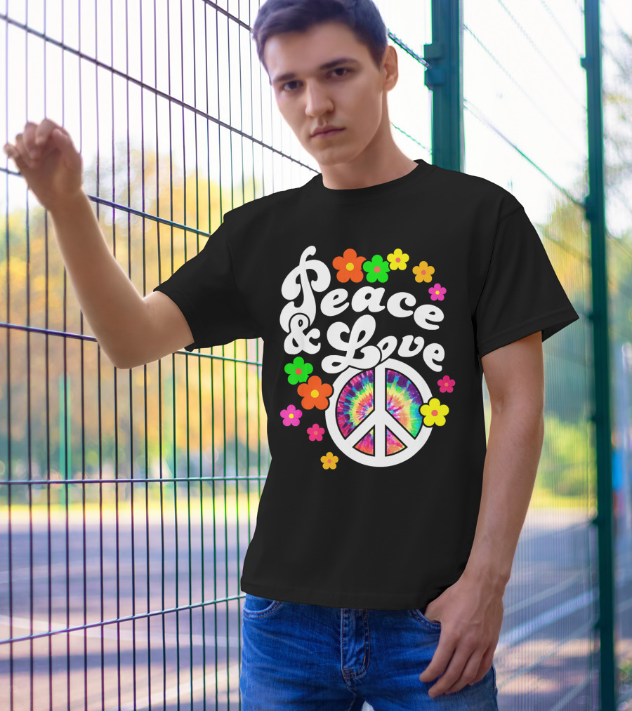 Peace And Love Hippie Sign With Colorful Flower T-Shirt