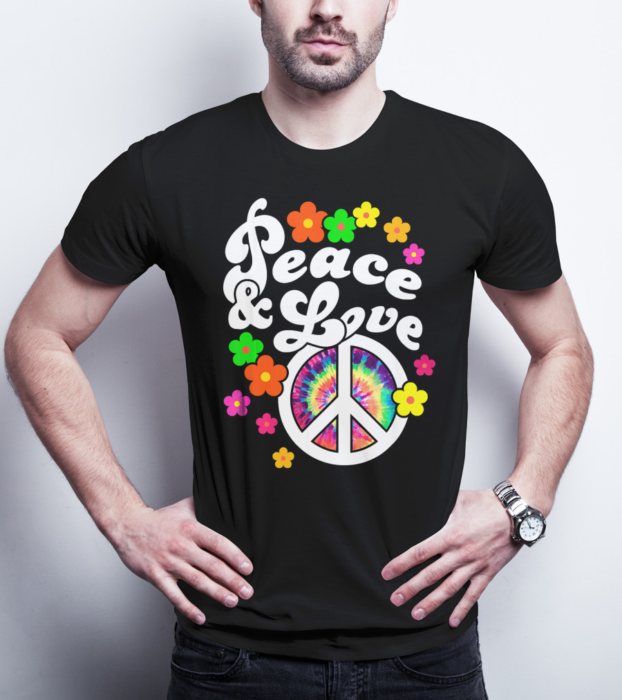 Peace And Love Hippie Sign With Colorful Flower T-Shirt