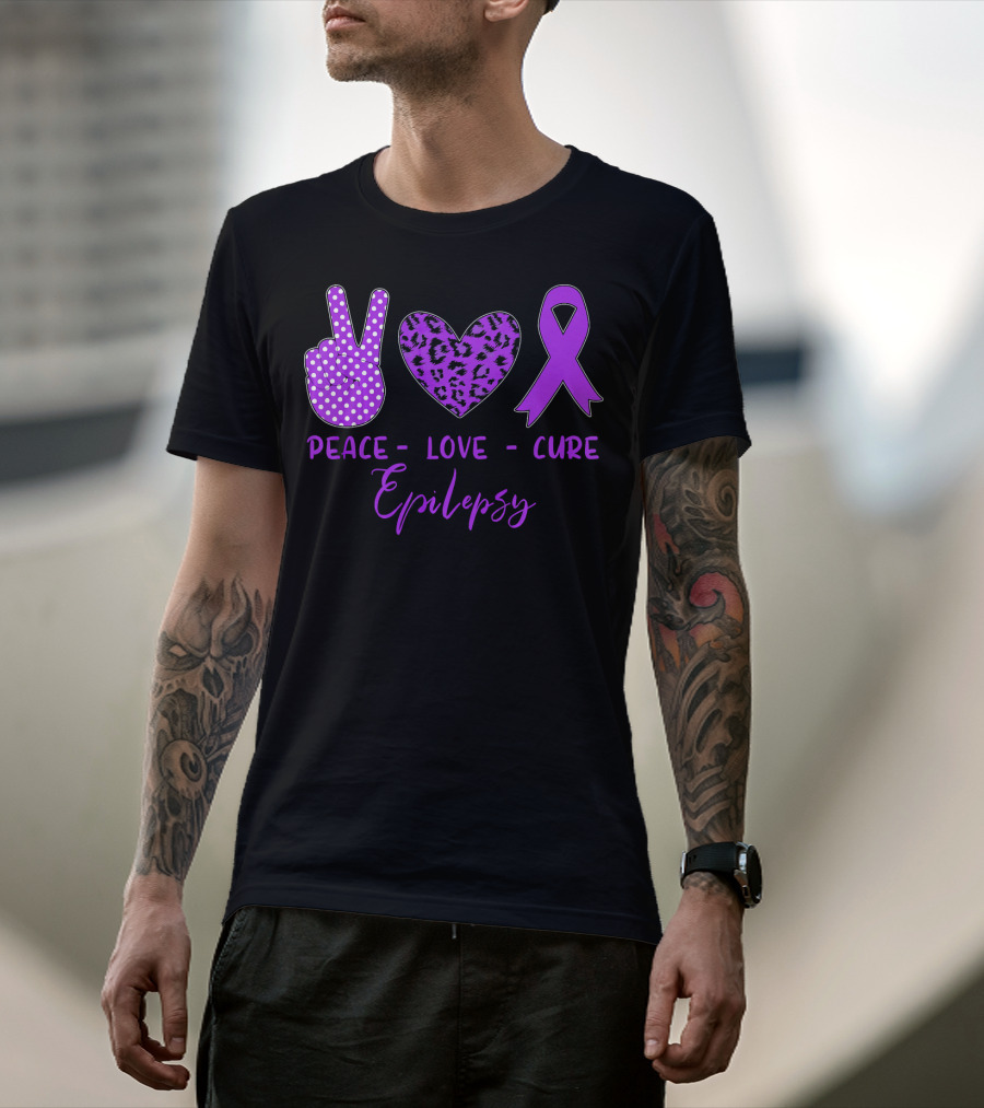 Peace Love Cure Epilepsy Purple Ribbon Polka Dot Leopard Print T-Shirt