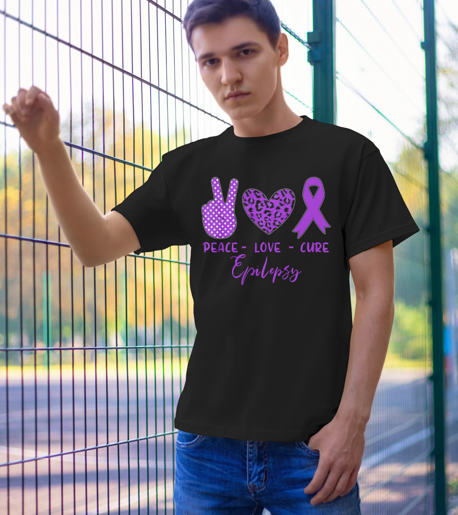 Peace Love Cure Epilepsy Purple Ribbon Polka Dot Leopard Print T-Shirt
