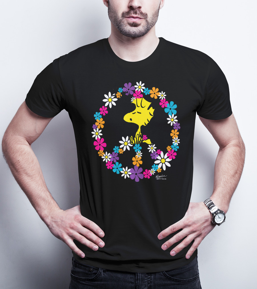 Peanuts Woodstock Surrounded By Peace Sign And Vibrant Floral T-Shirt
