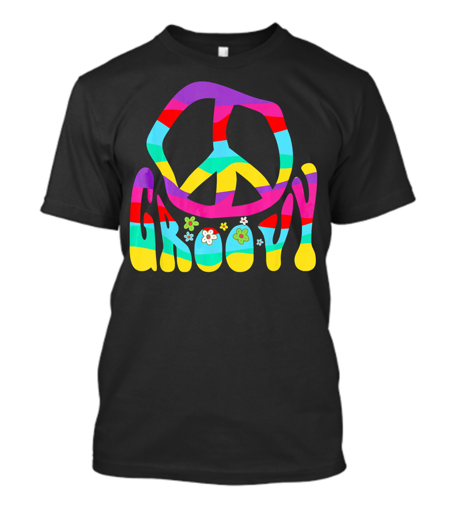 Groovy Rainbow Colorful Peace Sign Symbol With Flowers 60s 70s T-Shirt