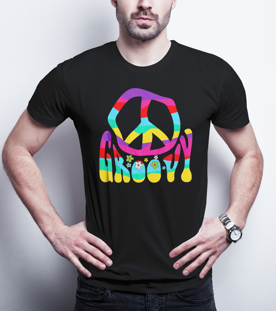 Groovy Rainbow Colorful Peace Sign Symbol With Flowers 60s 70s T-Shirt