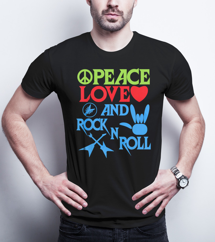 Peace Love Heart And Rock N Roll Peace Sign Guitar Hand Gesture T-Shirt