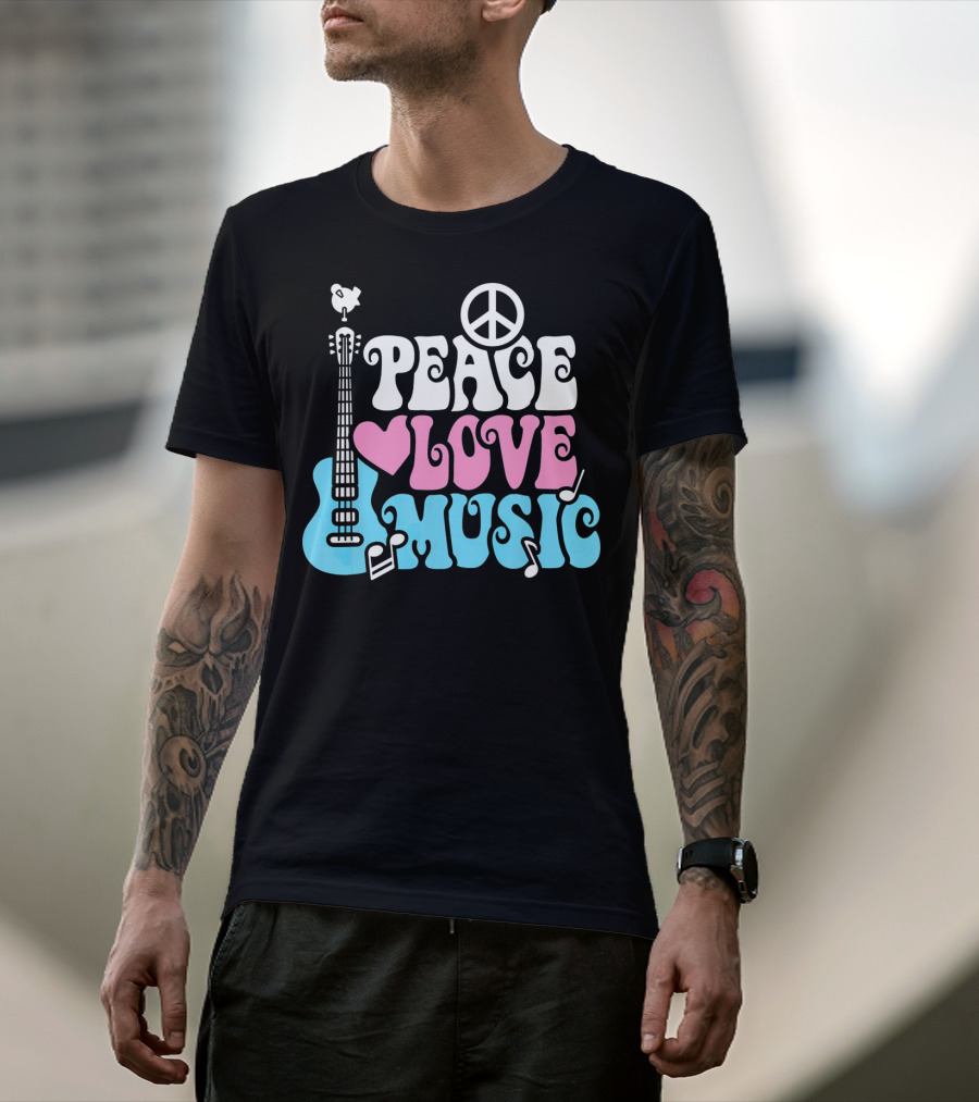 Peace Love Music Pastels With Guitar And Peace T-Shirt