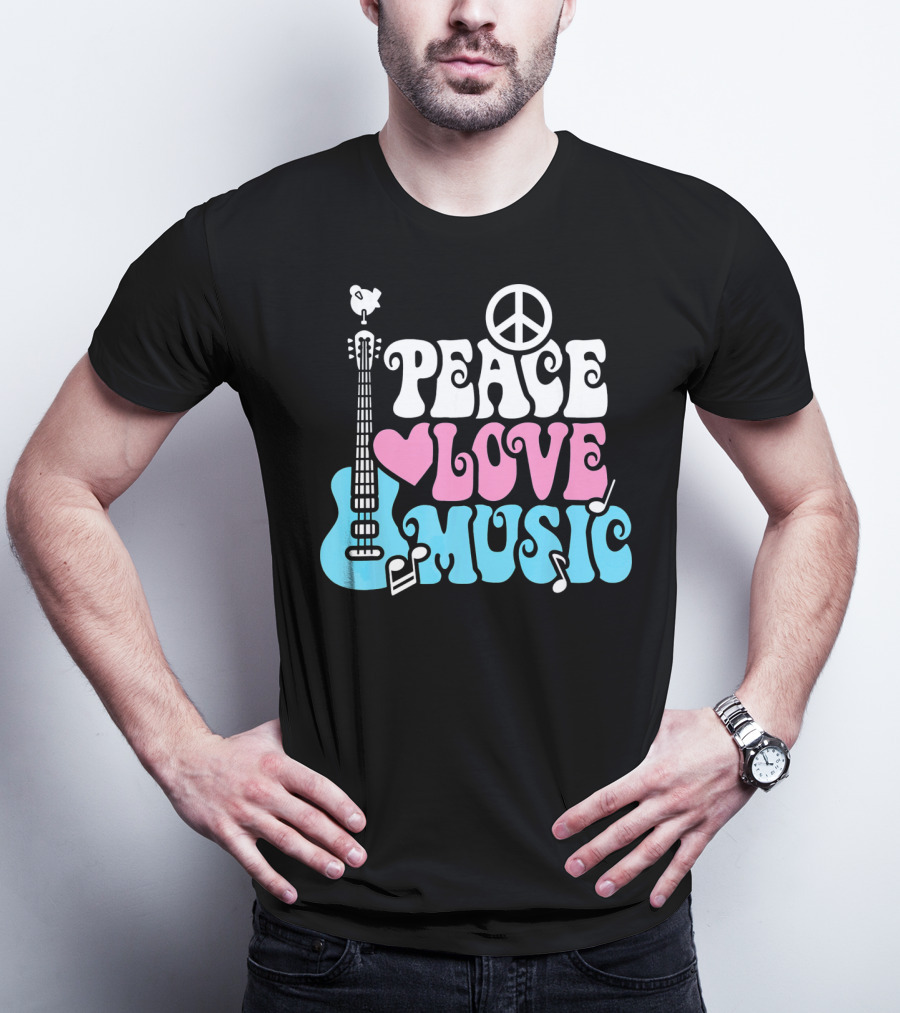 Peace Love Music Pastels With Guitar And Peace T-Shirt