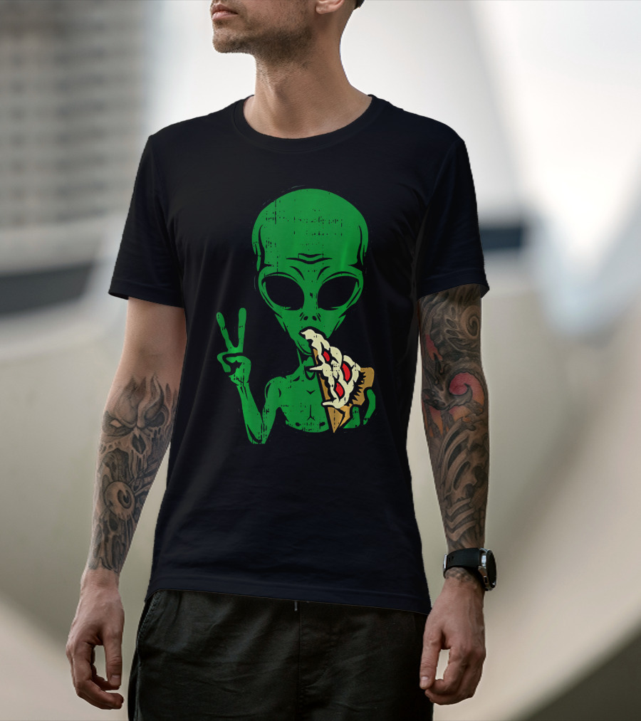 Alien Pizza Eating Peace Funny Space Are T-Shirt