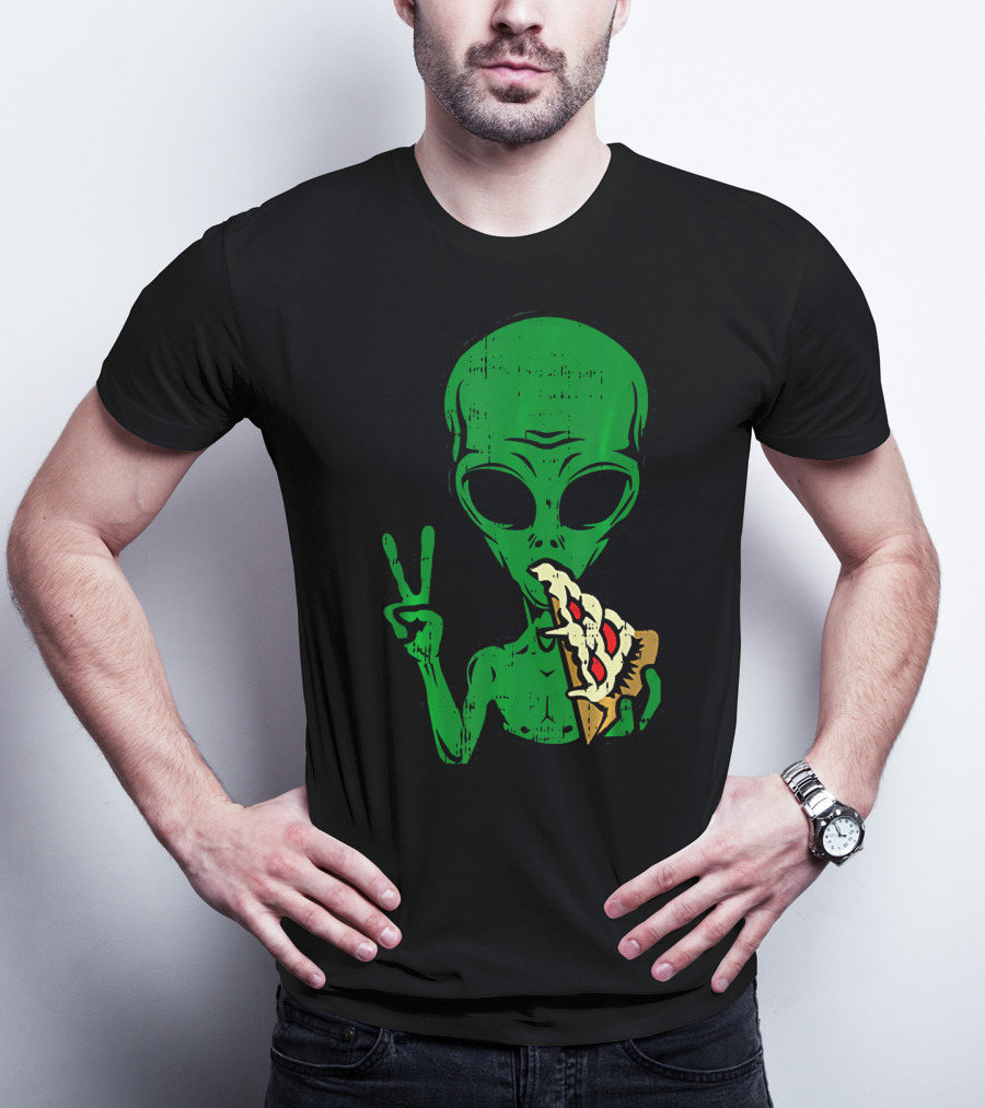 Alien Pizza Eating Peace Funny Space Are T-Shirt