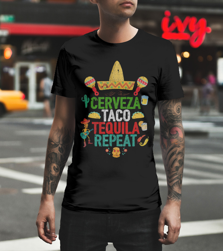Cinco De Mayo Sombrero Cerveza Taco Tequila Repeat Party T-Shirt
