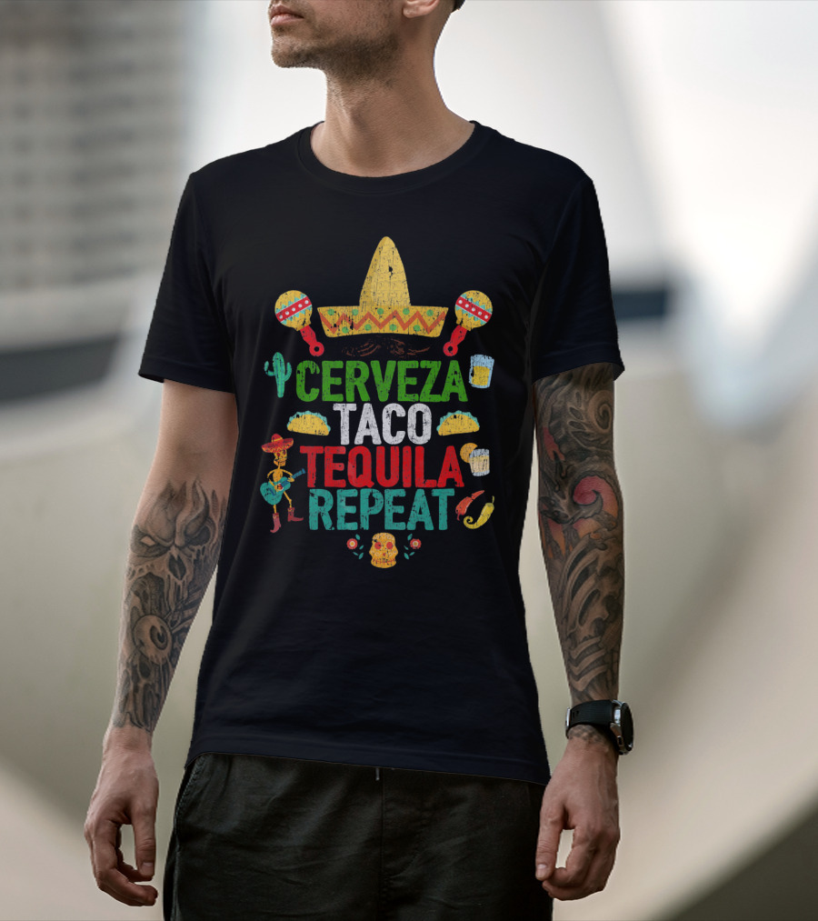 Cinco De Mayo Sombrero Cerveza Taco Tequila Repeat Party T-Shirt