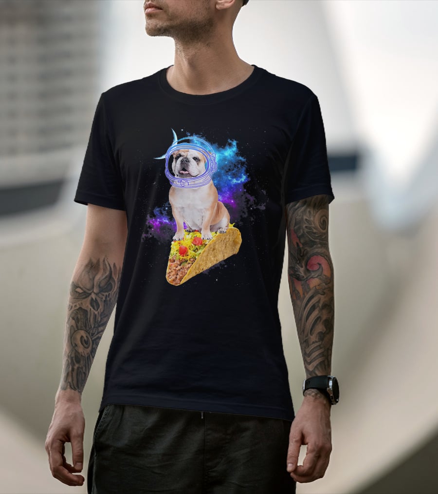 Space English Bulldog Astronaut Riding Taco In Galaxy T-Shirt
