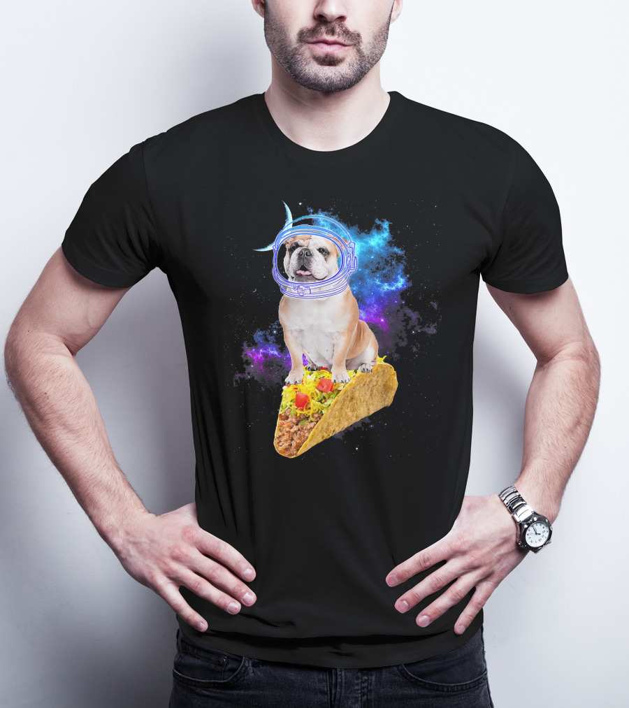 Space English Bulldog Astronaut Riding Taco In Galaxy T-Shirt