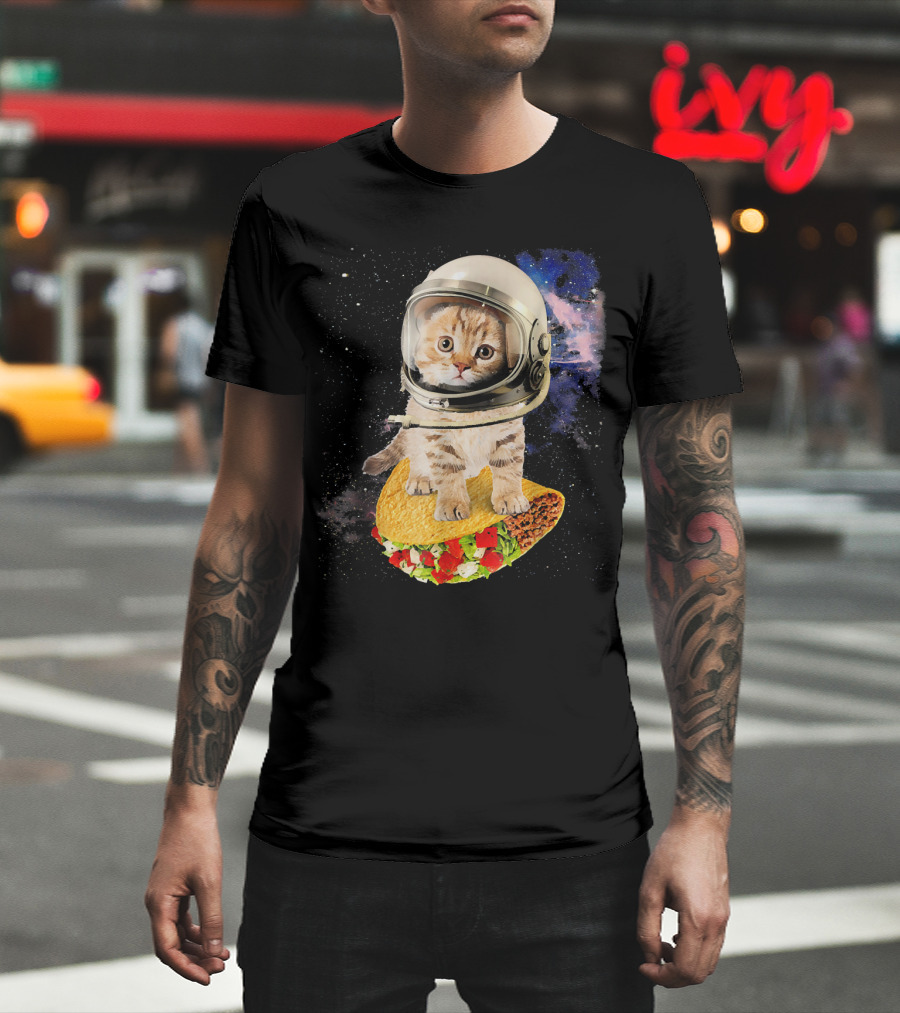 Space Cat Riding Tacos In Astronaut Helmet Galaxy Adventure T-Shirt