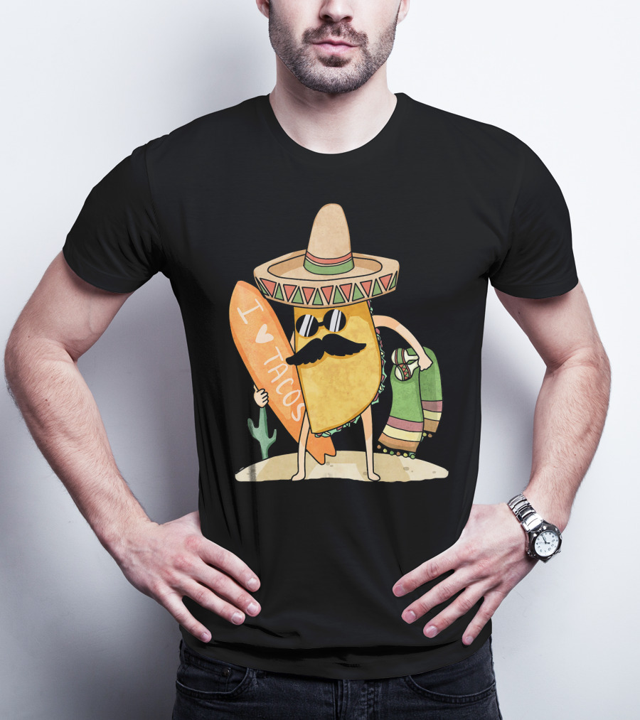 I Love Tacos Funny Mexican Surfing Beach T-Shirt