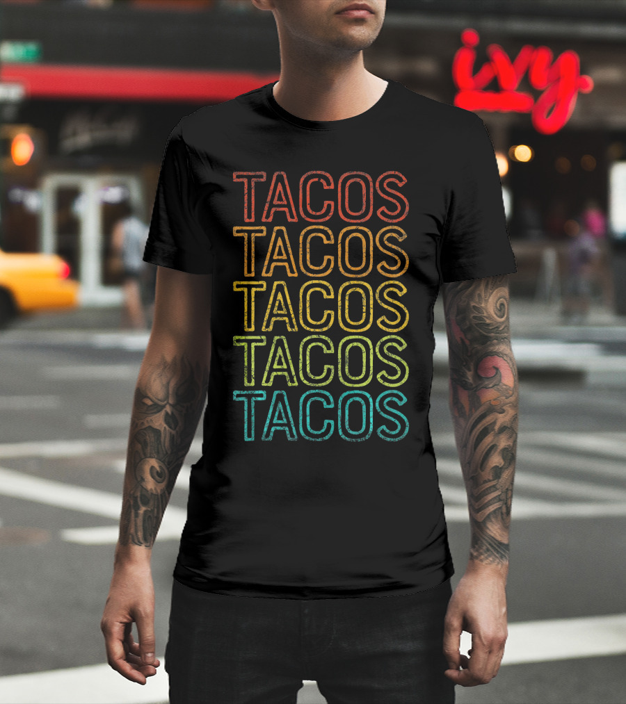 Retro Tacos Vintage Multi-Color Text T-Shirt