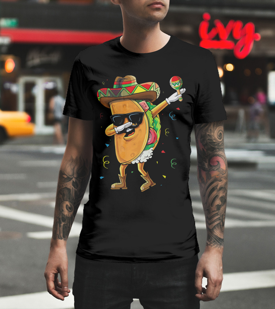 Dabbing Cool Taco Mexican Spanish Food Sombrero Maracas T-Shirt