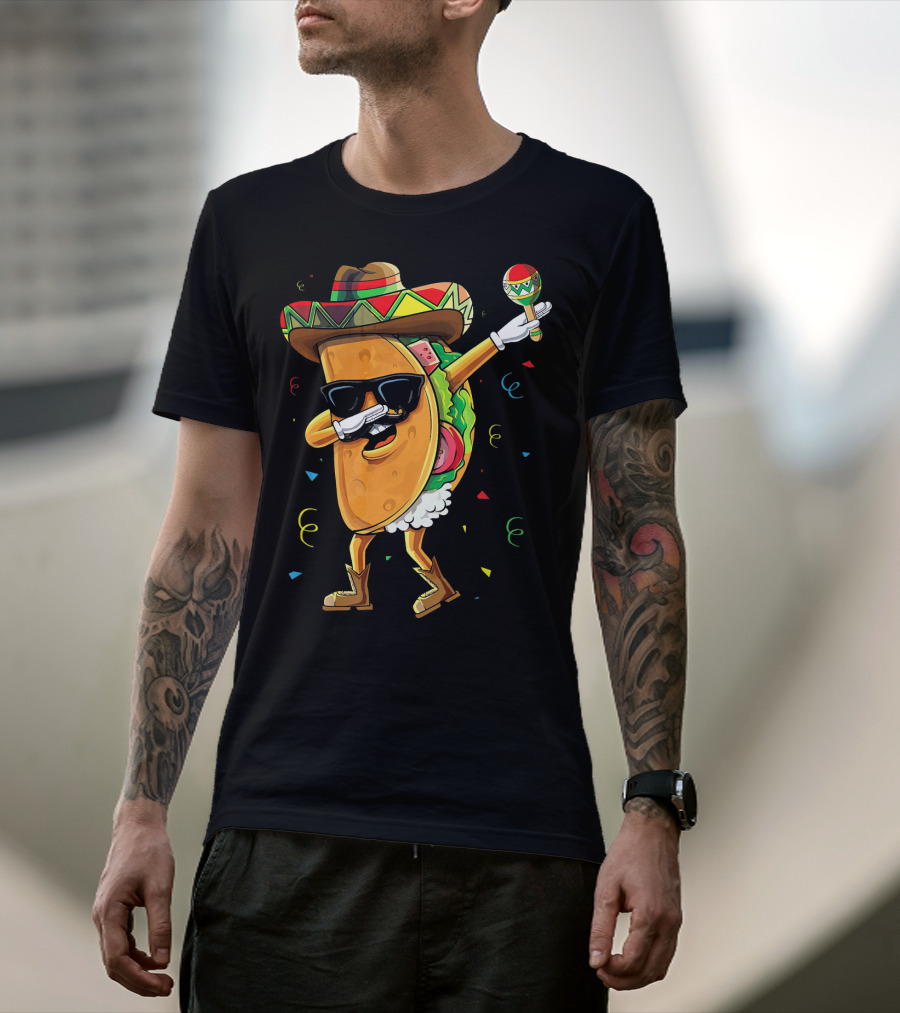 Dabbing Cool Taco Mexican Spanish Food Sombrero Maracas T-Shirt