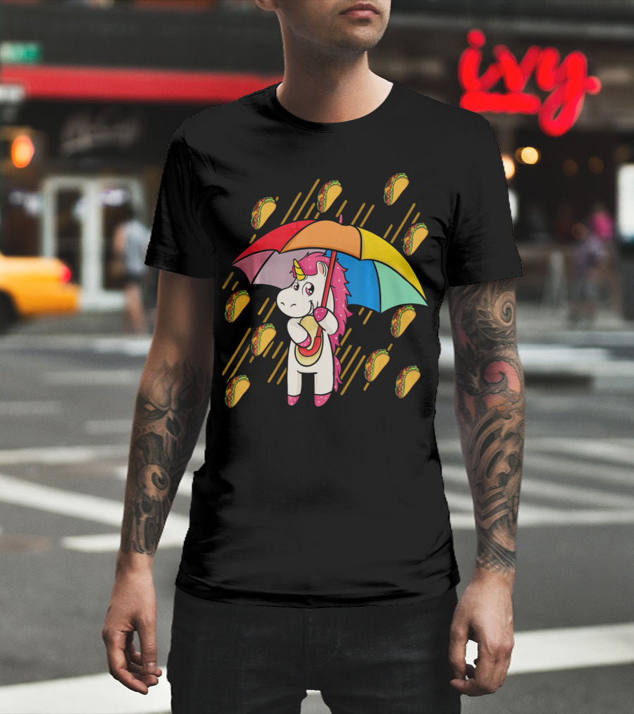 Raining Tacos Unicorn With Rainbow Umbrella T-Shirt