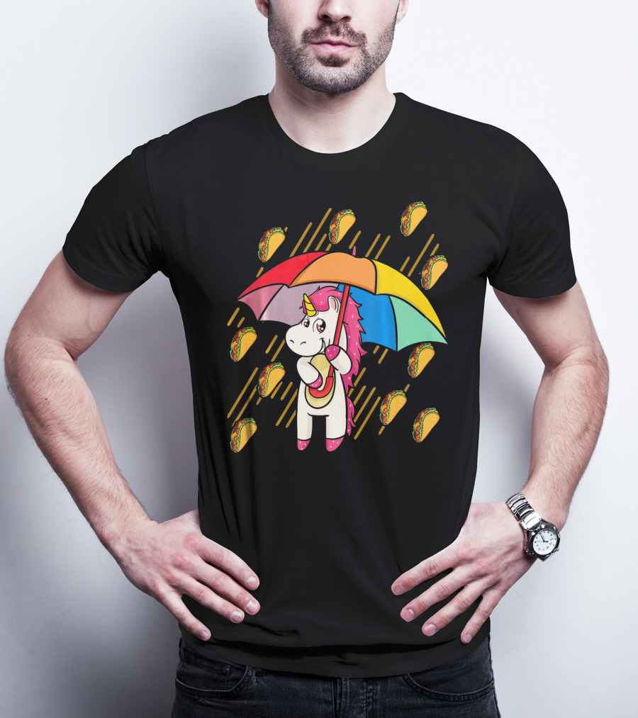 Raining Tacos Unicorn With Rainbow Umbrella T-Shirt