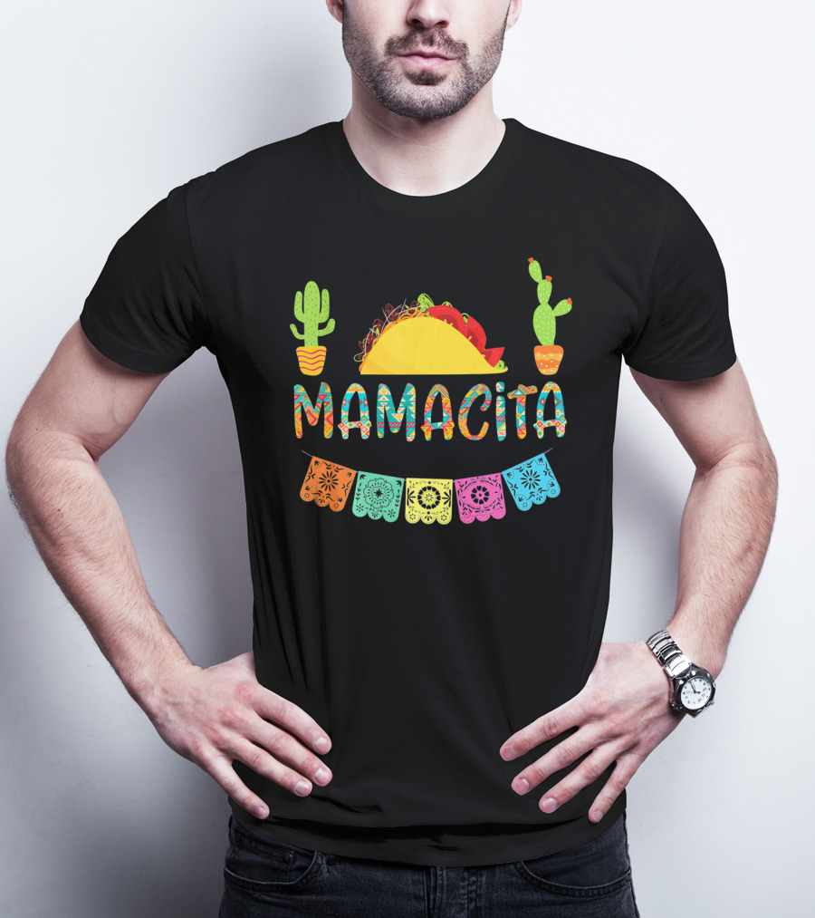 Mamacita Taco Mexican Fiesta Cactus With Colorful Papel Picado Banners T-Shirt