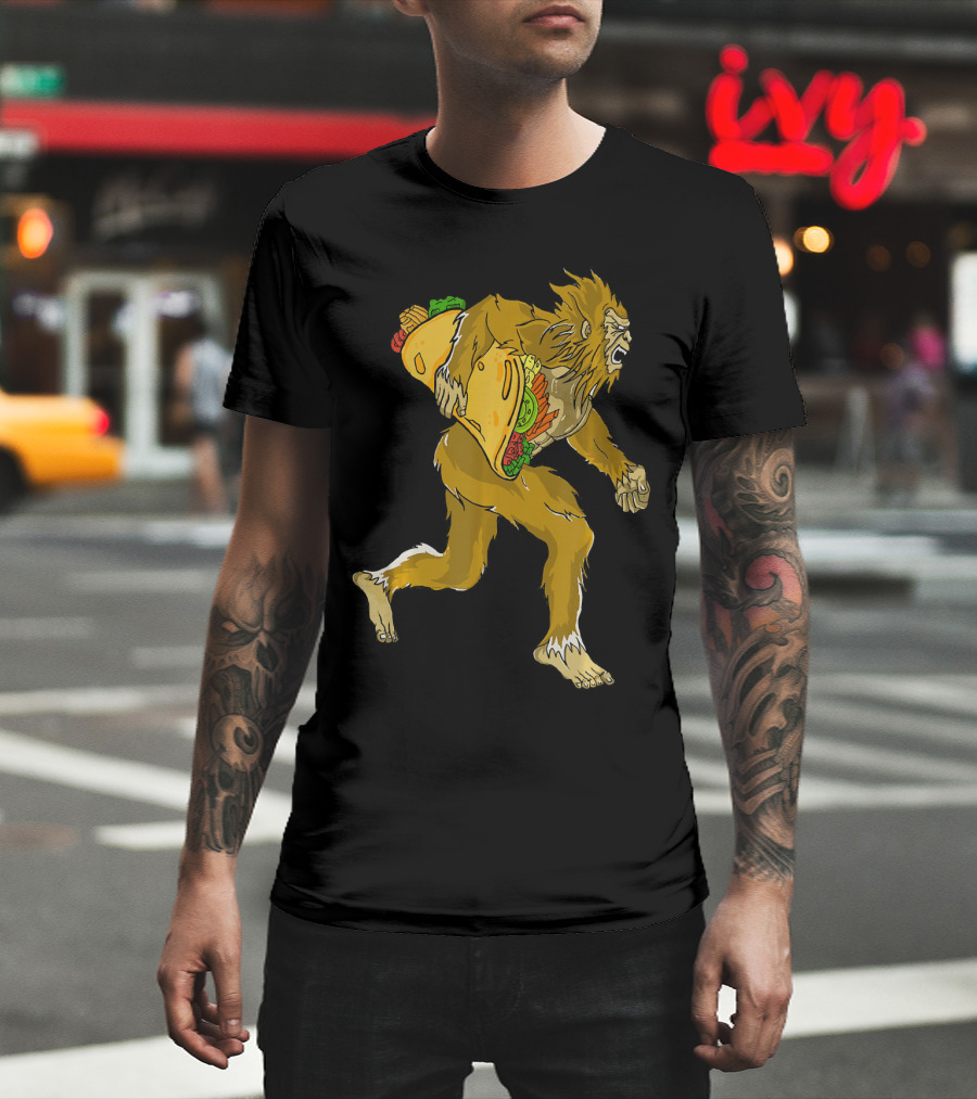 Bigfoot Running With Giant Taco In Hand For Exercise Scene T-Shirt
