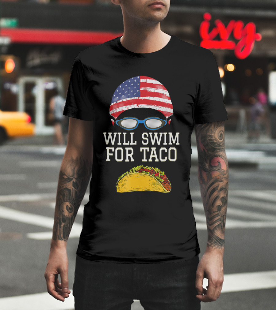 Will Swim For Taco Funny Swimming Goggles American Flag Cap T-Shirt