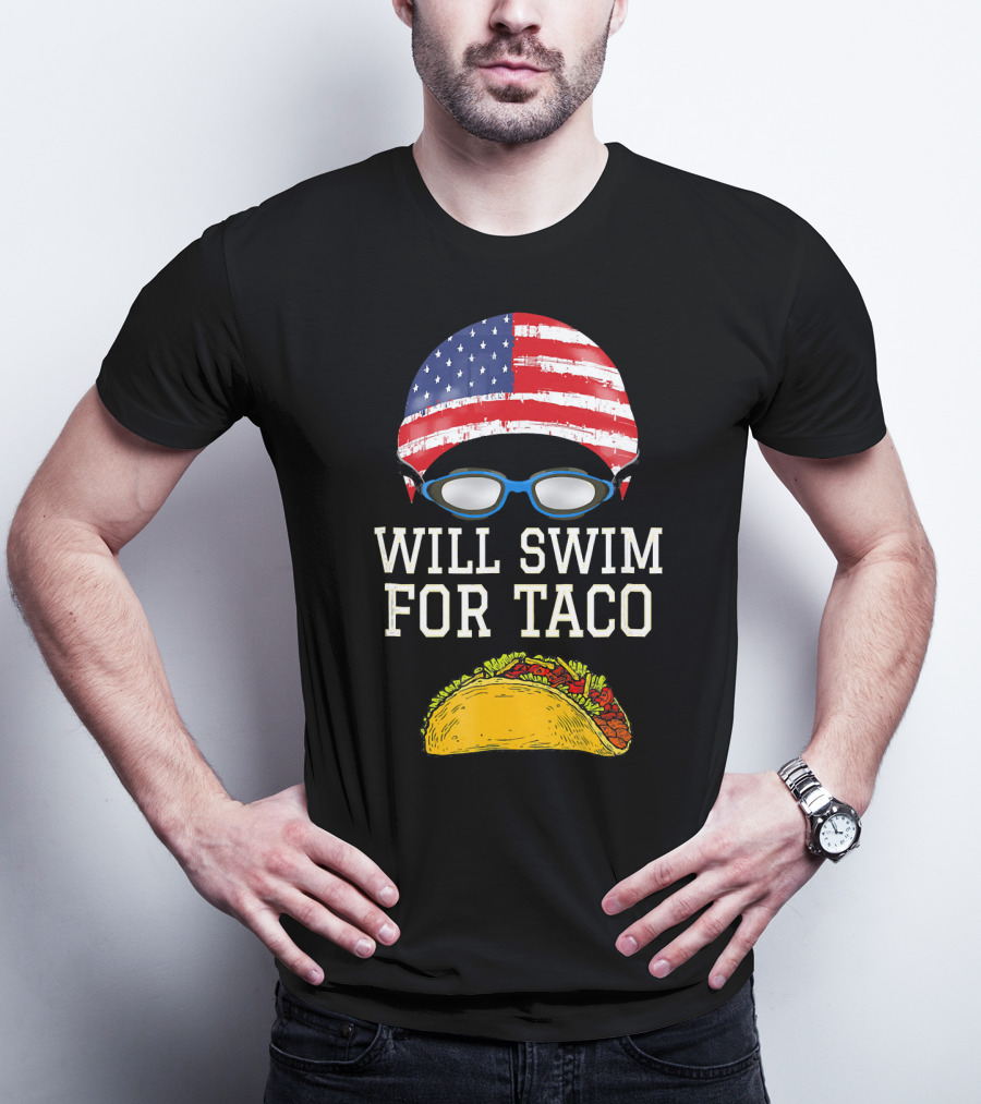 Will Swim For Taco Funny Swimming Goggles American Flag Cap T-Shirt