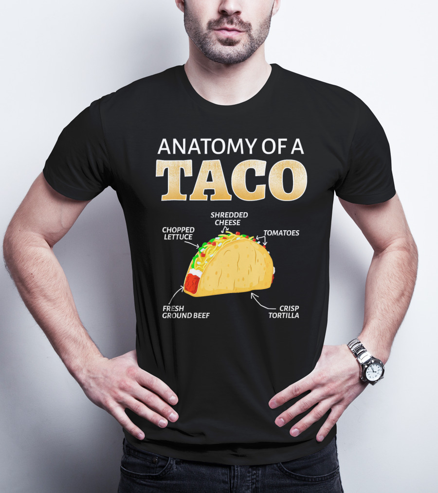 ANATOMY OF A TACO TACO LOVER CHOPPED LETTUCE SHREDDED CHEESE TOMATOES FRESH GROUND BEEF CRISP TORTILLA T-Shirt
