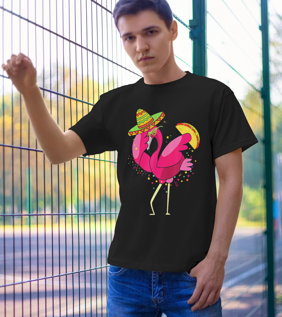Funny Flamingo Dabbing With Taco Sombrero Cinco De Mayo T-Shirt