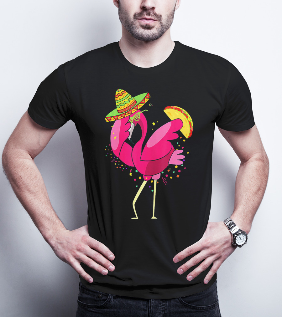 Funny Flamingo Dabbing With Taco Sombrero Cinco De Mayo T-Shirt
