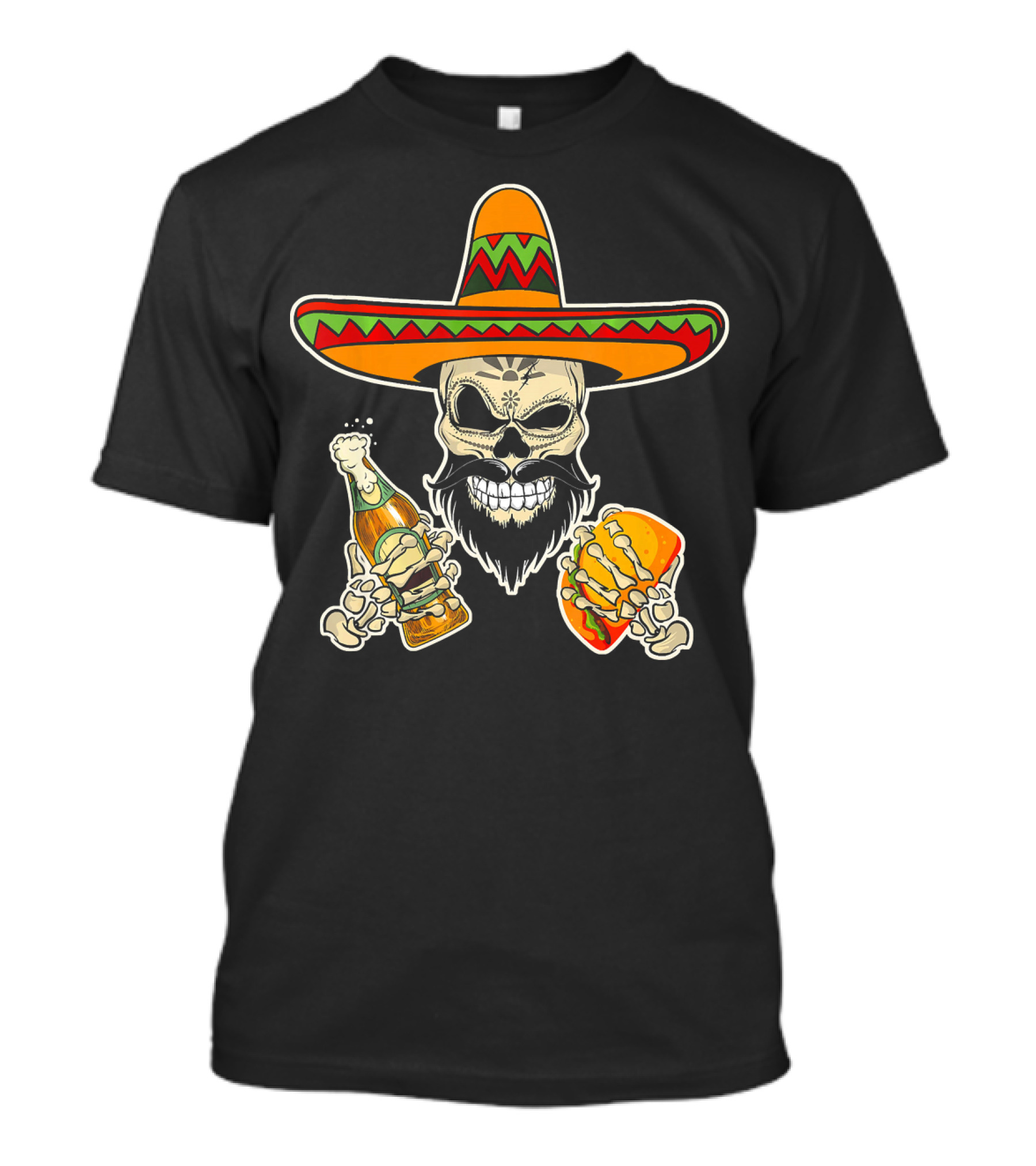 Sombrero-Wearing Sugar Skull With Beer And Tacos T-Shirt