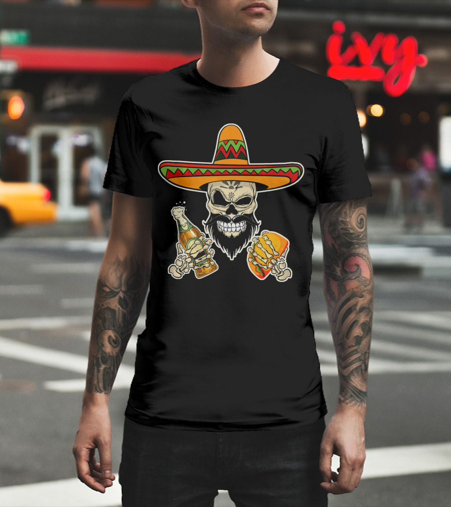 Sombrero-Wearing Sugar Skull With Beer And Tacos T-Shirt