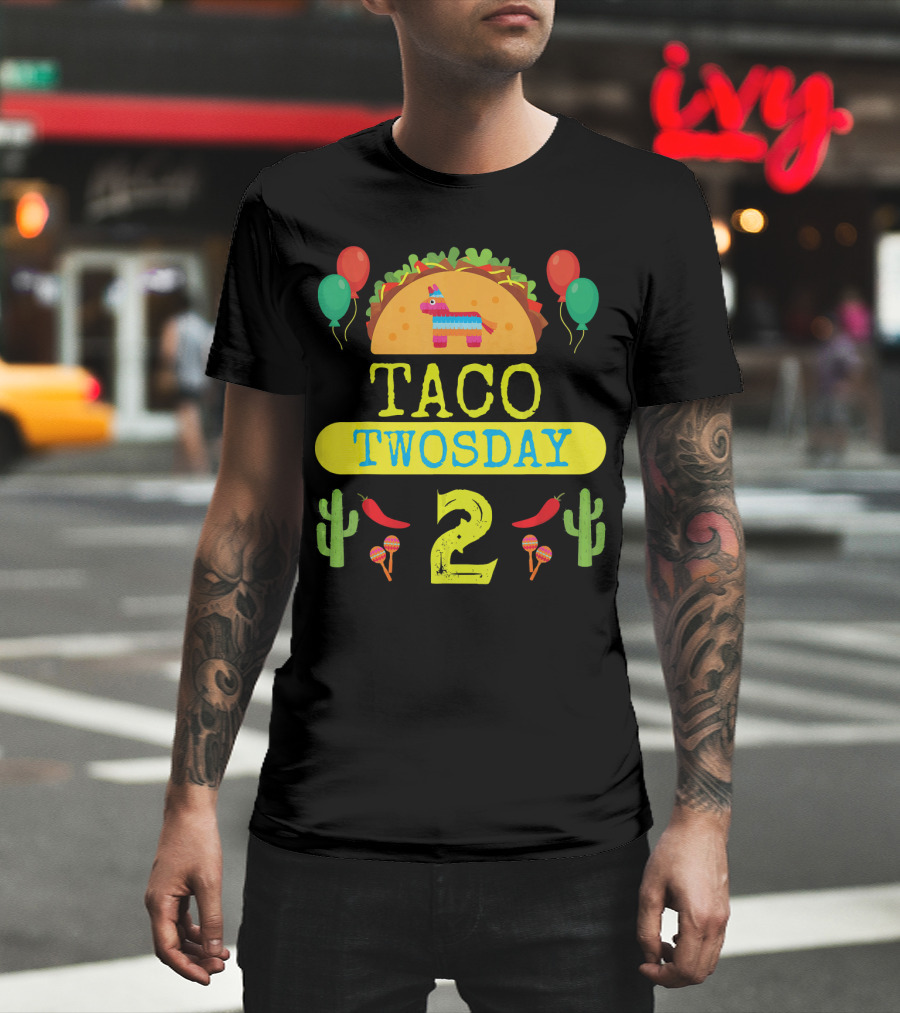 Taco Twosday Kids Birthday Party With Cactus And Piñata Balloons Tuesday T-Shirt