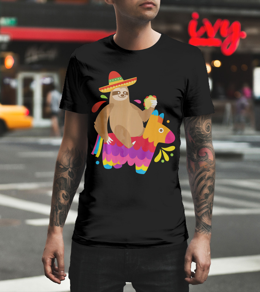 Sloth Taco Piñata Cute Mexican Fiesta Sombrero Riding Rainbow T-Shirt