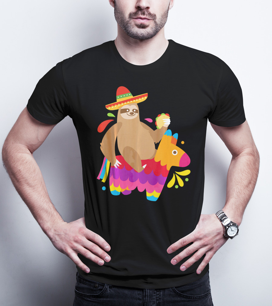 Sloth Taco Piñata Cute Mexican Fiesta Sombrero Riding Rainbow T-Shirt