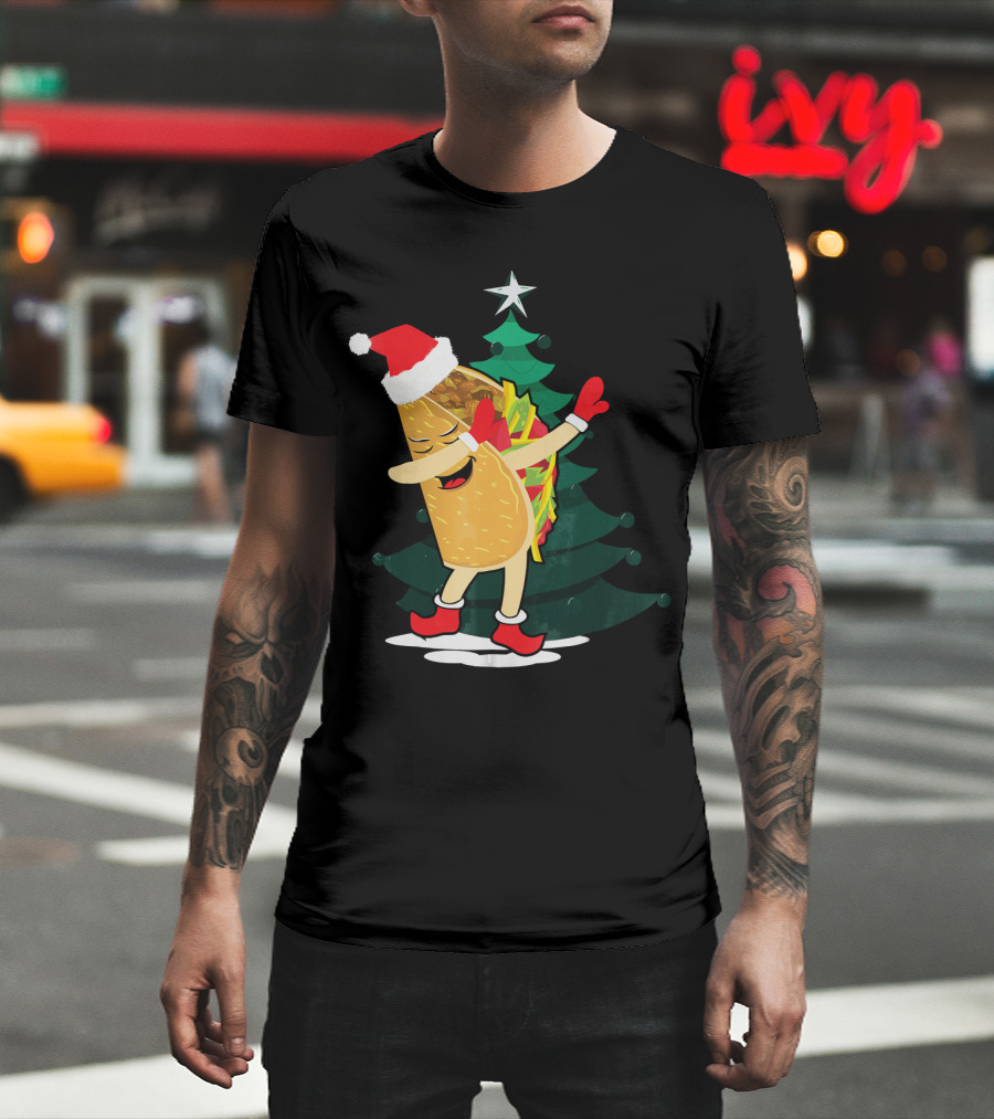 Dabbing Taco Christmas Santa Hat And Tree T-Shirt