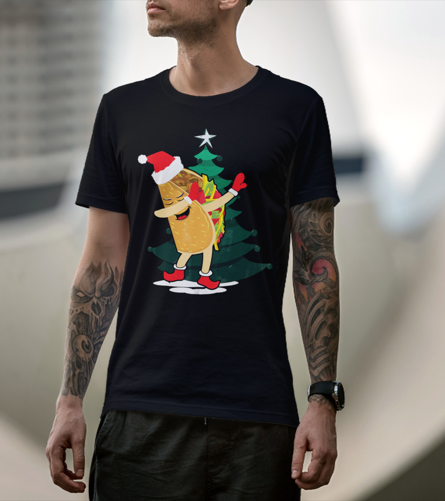Dabbing Taco Christmas Santa Hat And Tree T-Shirt