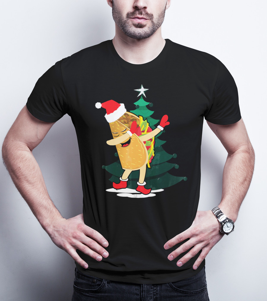 Dabbing Taco Christmas Santa Hat And Tree T-Shirt