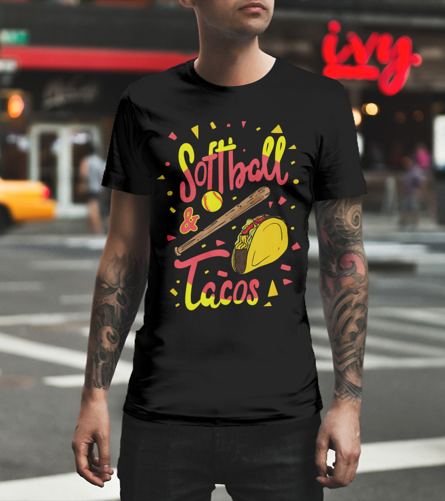 Softball And Tacos Funny Taco And Mexican Softball Bat And Ball Icons T-Shirt