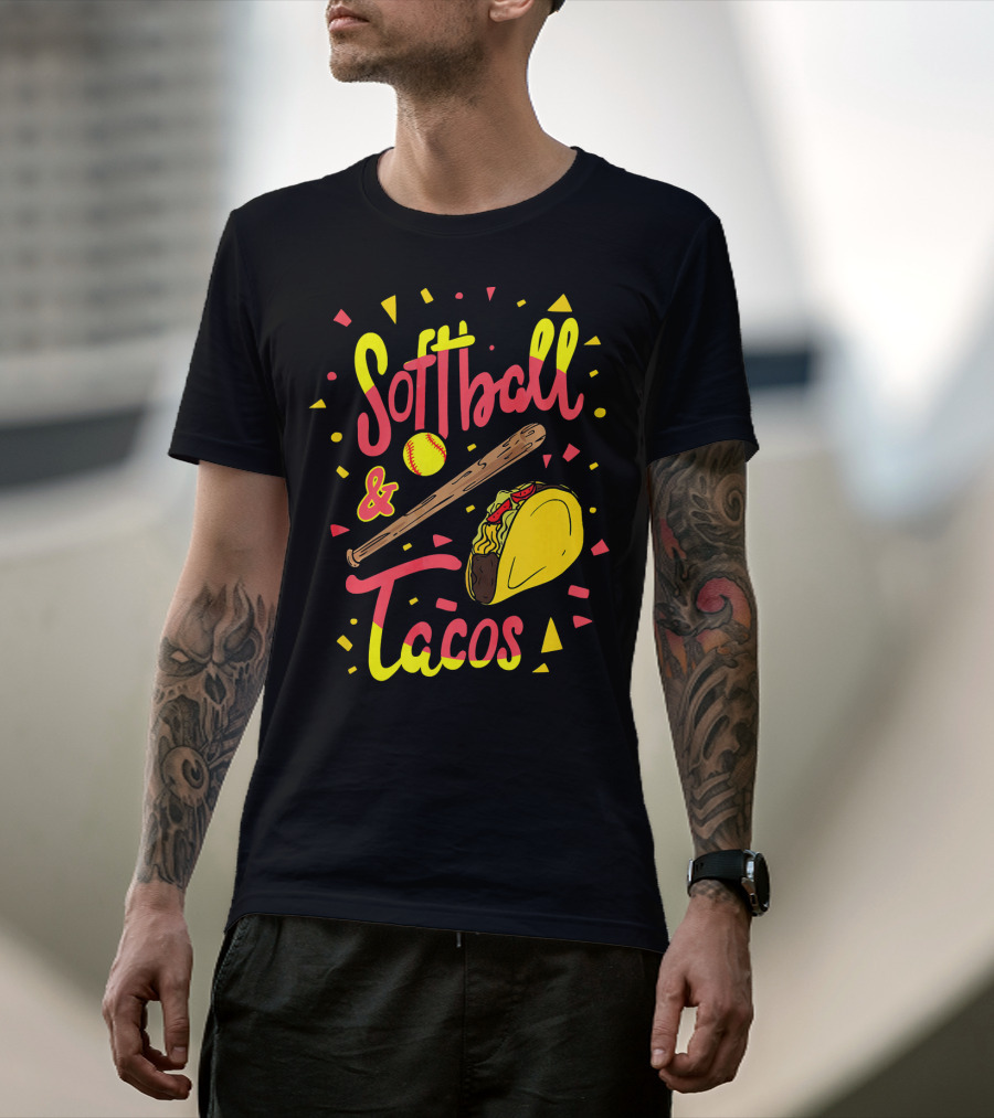 Softball And Tacos Funny Taco And Mexican Softball Bat And Ball Icons T-Shirt