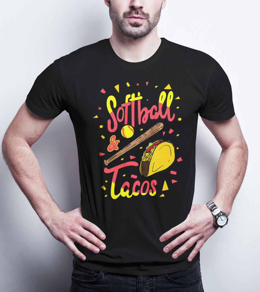 Softball And Tacos Funny Taco And Mexican Softball Bat And Ball Icons T-Shirt