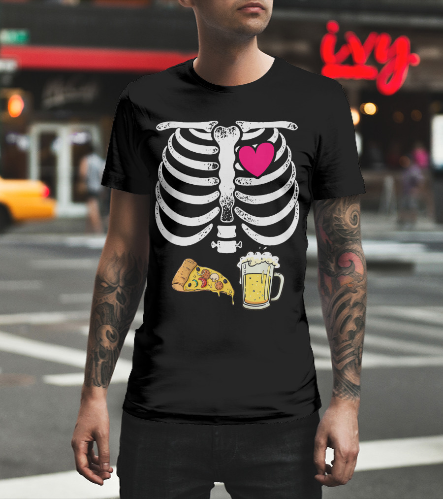 Skeleton Heart Pizza And Beer Xray T-Shirt